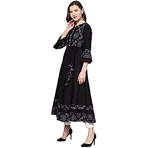 Yash Gallery Women's Cotton Slub Bandhej Print Anarkali Kurtis (Black)