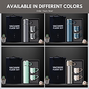 Gray Vacuum Flask Set - Insulated Water Bottle w/ 3 Cups Gift Set - Thermos Water Bottle for Hot and Cold Drinks - Reusable Stainless Steel Water Bottles for Indoor and Outdoor Activities (17 Fl Oz)