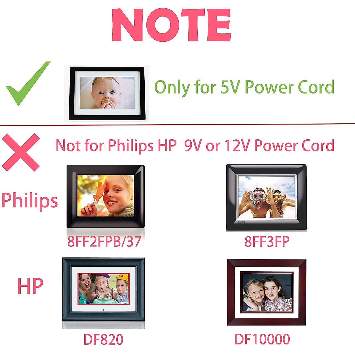 VHBW Power Cord for Skylight, HP, Aluratek, BSIMB Smart Digital Picture Frame 5V AC Adapter Charger (Not for 9V or 12V)