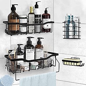 STxiny 4 Pack Shower Caddy Organizer, No Drilling 2 Pack Shower Caddies with 1 Toothbrush Holder and 1 Soap Holder, Strong Adhesive Rustproof Wall-Mounted Shower Caddy for Bathroom, Kitchen and Dorm