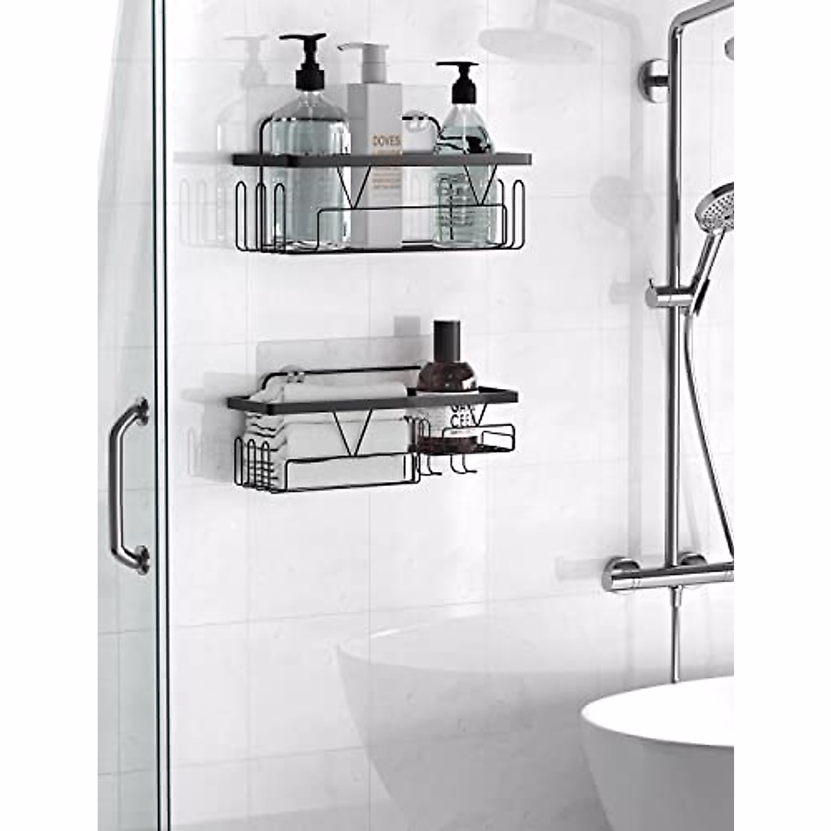 2-Pack Shower Caddy with Hooks Adhesive Shelf Shower Organizer Bathtub Storage Accessories, No Drilling Wall Mounted Stainless Steel Shower Shelves for Inside Shower for Bathtub and Kitchen, Black