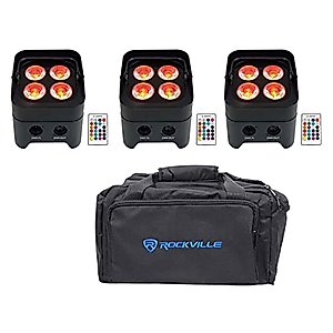 (3) Rockville BEST PAR 50 Rechargeable Par Wash Lights Wireless DMX+RGBWA+UV+Bag