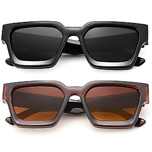 Hycredi Thick Rectangle Sunglasses Women Men Retro Square Chunky Shades 90s Glasses UV400 Protection -Black+Brown