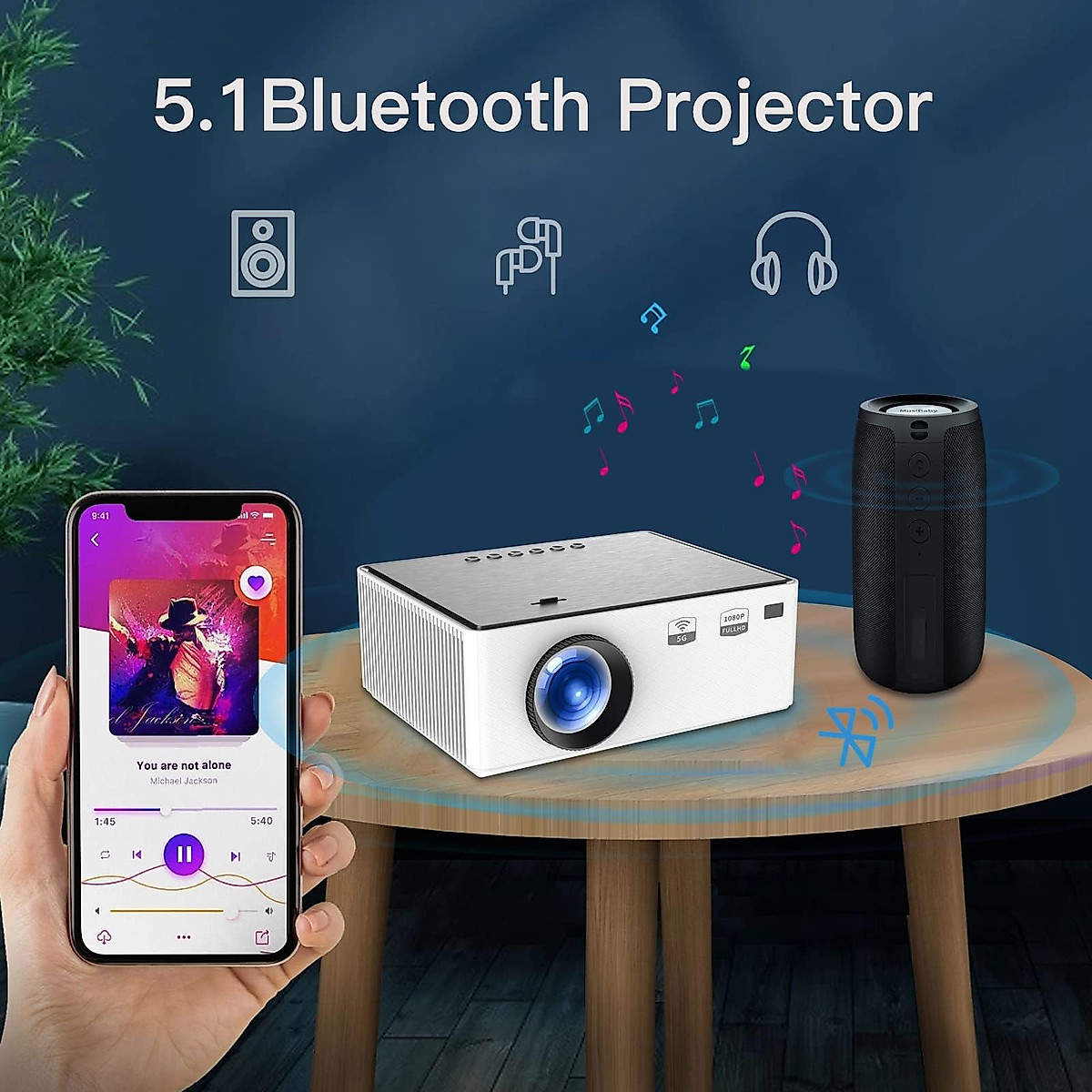 Video Projector, 5G WiFi Bluetooth Projector Full HD 1080P Projector 4K Support Movie Projector 8500L Oudoor Portable Mini Projector Compatible with TV Stick Laptop Tablet PC HDMI USB TF DVD