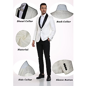 Mens Floral Tux Dress Suit Jacket Formal Print Shawl Lapel 1 Button Slim Fit Blazer Dinner Wedding Prom Sport Coat White 3XL