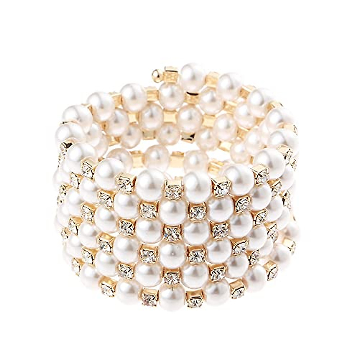 Asphire Vintage Great Gatsby Pearl Bracelet Multi-Layered Chunky Pearl Crystal Elastic Bangle Bridal Wedding Jewelry 1920s Flapper Prom Party Costume Accessories for Women, Gold