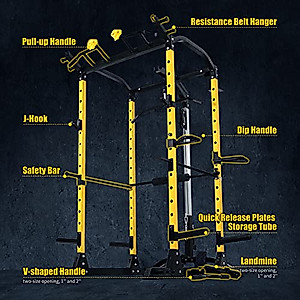 ToughFit Power Cage 1000lbs Squat Rack with Weights and Bar Set Multi-Function Power Rack Weight Cage with Lat Pull-Down/Adjustable Cable Crossover for Strength Training Garage & Home Gym Equipment