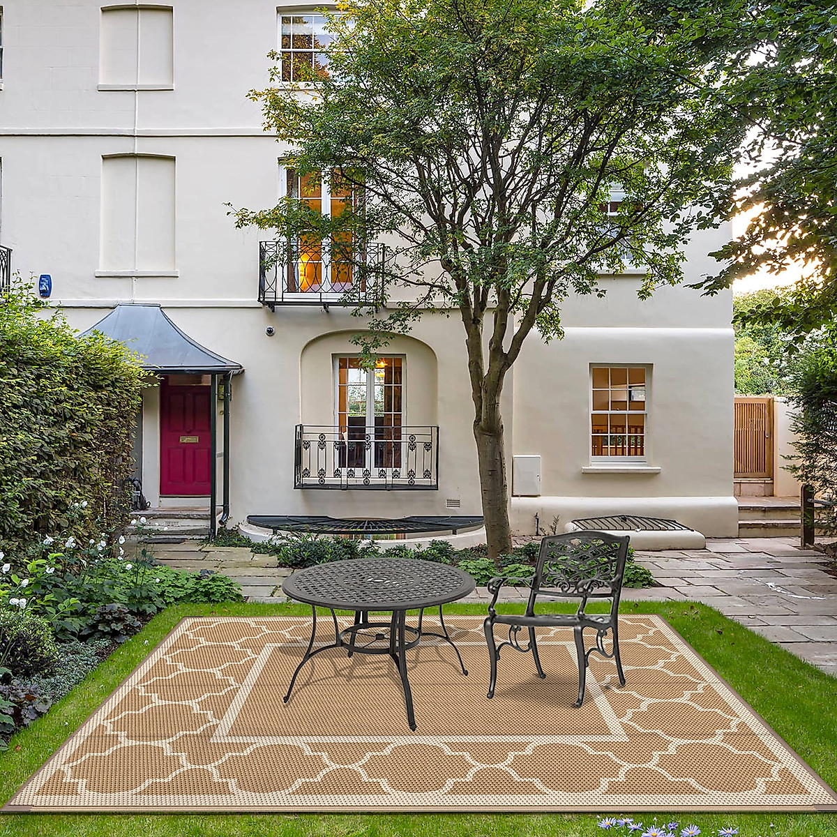 GENIMO 6' x 9' Outdoor Rug Waterproof for Patio Decor, Foldable Reversible Plastic Straw Area Rugs Mat for Camper, Outside Carpet for Rv, Deck, Porch, Picnic, Beach, Balcony, Brown & Beige