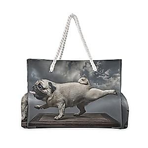 ALAZA Yoga Pug Dog Puppy Funny Fun Large Beach Bag For Women Tote Bags Reusable Grocery Shoulder Bag with Zipper Closure Pocket