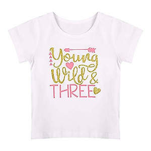 Baby Girls 1st/2nd/3rd Birthday Princess Cake Smash Baptism Tutu Party Dress Short Sleeve Top Romper Shirt+Ruffle Tulle Skirt+Sequin Bow Headband 3PCS Summer Outfit Pink-Young Wild Three 3T