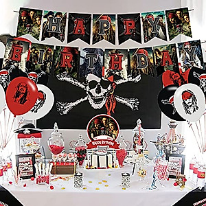 Pirates of the Caribbean Party Decorations,Birthday Party Supplies For Depp Pirate Hat Party Supplies Includes Banner - 12 Cake Toppers - 18 Balloons - 50 Pirates Stickers