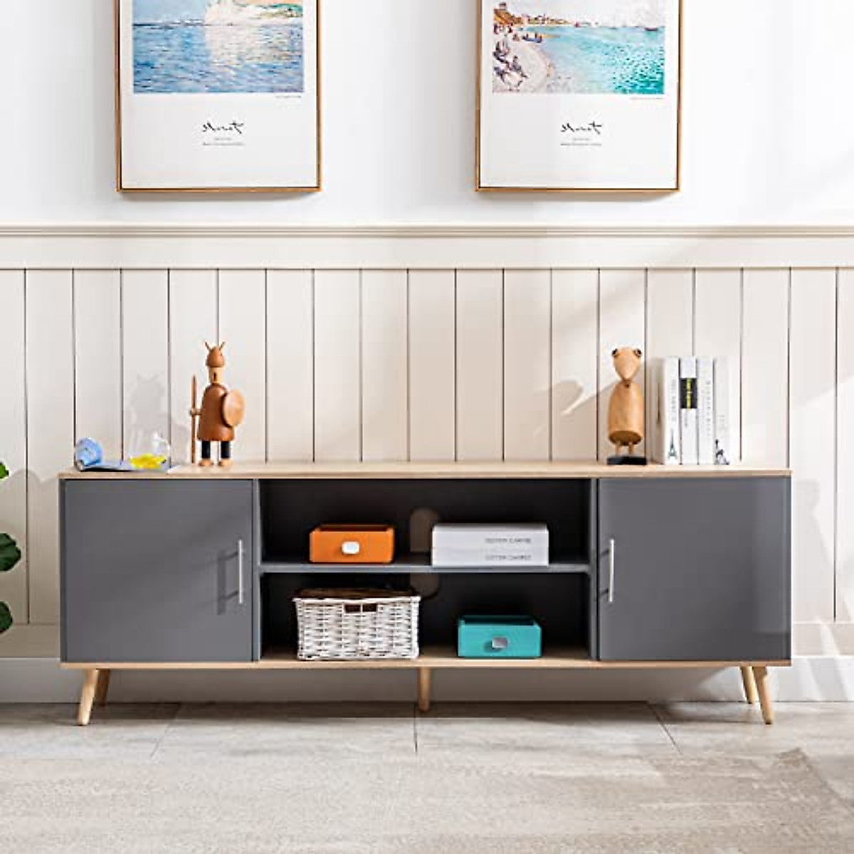 AUXSOUL Mid Century Modern TV Stand for 75 Inch TV, 70 Inch TV Stand with Storage, Entertainment Center for Living Room Bedroom, TV Media Console, Grey & Oak