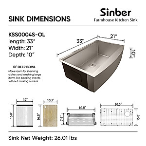 Sinber 33" x 21" x 10" Farmhouse Apron Single Bowl Workstation Kitchen Sink with 16 Gauge 304 Stainless Steel Satin Finish 6 Accessories KSS0004S-OK
