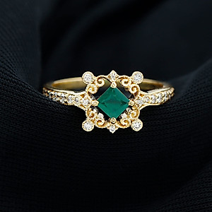 Rosec Jewels Certified Emerald Vintage Inspired Engagement Ring, AAA Quality, Natural Emerald Diamond Art Deco Ring, 14K Yellow Gold, Size:US 7.00