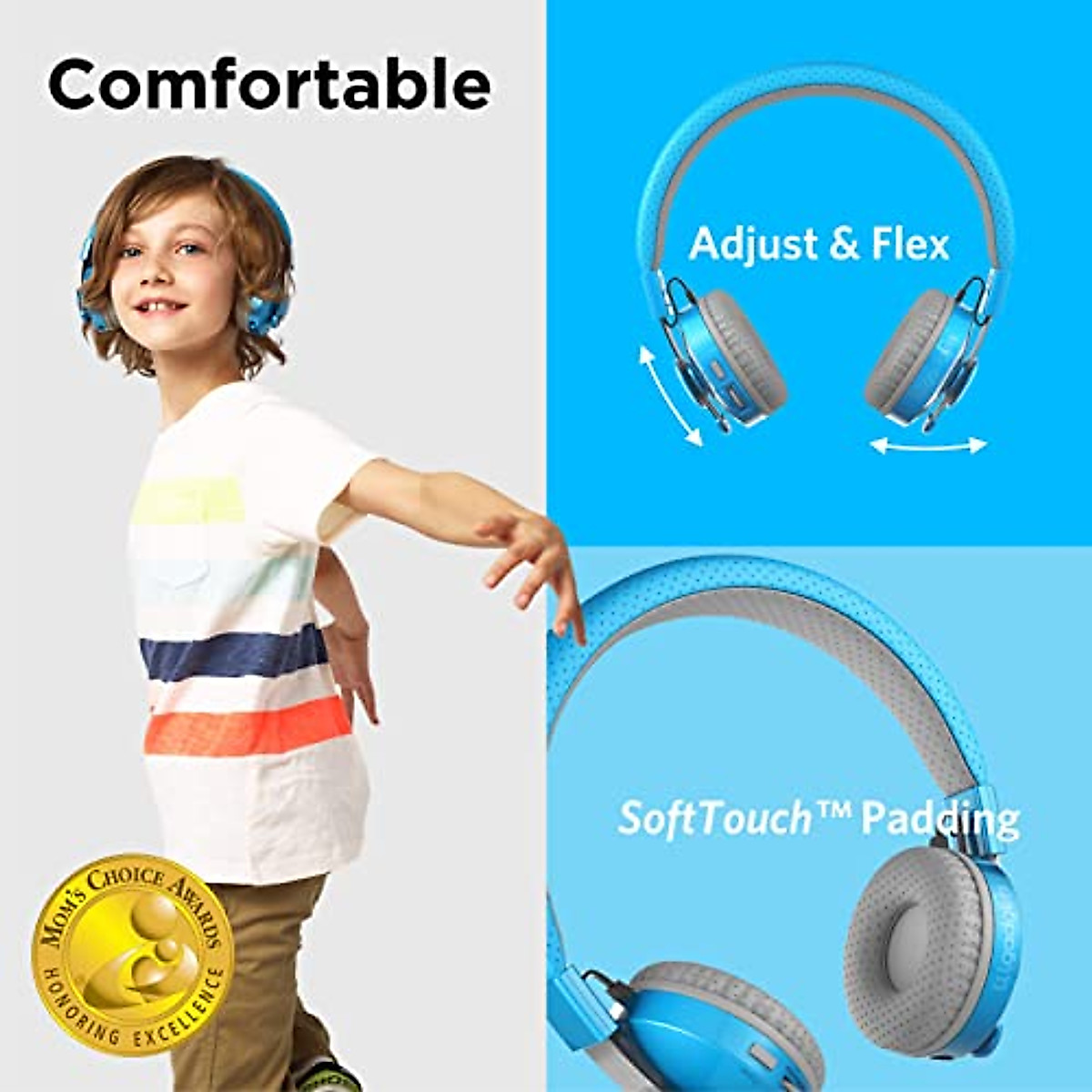 LilGadgets Untangled Pro Wireless Kids Headphones, On-Ear Bluetooth Toddler Headset with Built-in Microphone, Design, No More Tangled Wires, Perfect for Children in School, Blue