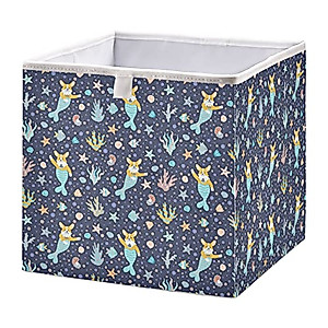 ALAZA Collapsible Storage Cubes Organizer,Funny Under Sea Corgi Mermaid Storage Containers Closet Shelf Organizer with Handles for Home Office