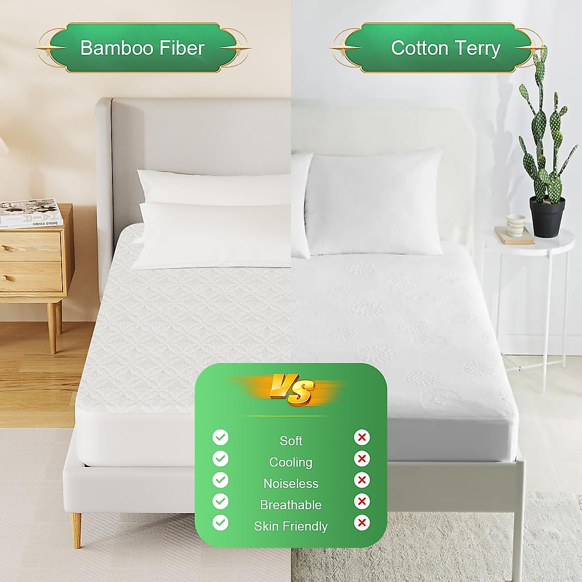 100% Waterproof Mattress Protector Queen, Bamboo Mattress Pad Cover Ultra Soft 3D Air Fabric Cooling Breathable Noiseless Deep Pocket(8-18 INCH)