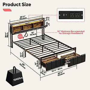 Bestier Queen Bed Frame with Hidden Storage Headboard, Black PU Leather Platform Bed with 2 Dustproof Drawers, 2 Tier Shelves with Charging Station, Dual LED Light, No Box Spring Needed, Easy Assembly