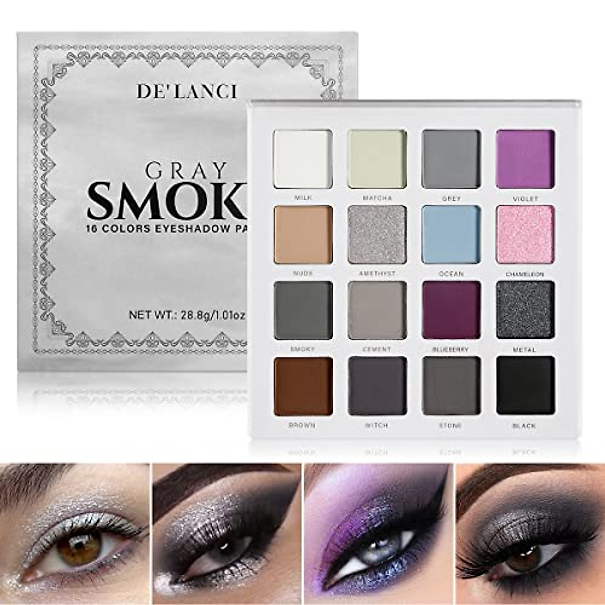 Afflano Smoky Grey Eyeshadow Palette, Highly Pigmented Silver Glitter Black White Gray Smokey Eye Eyeshadow Makeup, Emo Goth Halloween Makeup, Purple Blue Cool Toned Dark Eye Shadow Pallet