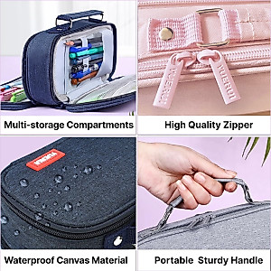 LEENYE Large Capacity Pencil Case Pen Pouch Organizer Canvas Pencil Bag Portable Stationery Bag with Handle, Multi-Compartments School Supplies (Dark Blue)