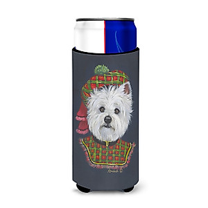 Caroline's Treasures PPP3213MUK Westie Lad Plaid Ultra Hugger for slim cans Can Cooler Sleeve Hugger Machine Washable Drink Sleeve Hugger Collapsible Insulator Beverage Insulated Holder