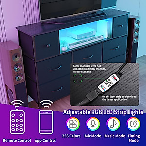 Fixwal Dresser for Bedroom with Power Outlets and LED Lights, Black 55" TV Stand with 8 Drawers, Fabric Chest of Drawers with PU Finish for Living Room, Entryway