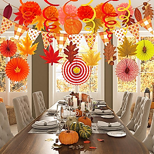 Supla 40 Pack Fall Party Decorations Set – Includes Autumn Hanging Paper Fans Pom Poms Fall Maple Leaves Party Swirls Streamers Fall Banner Backdrop Garland String for Thanksgiving Wedding Birthday