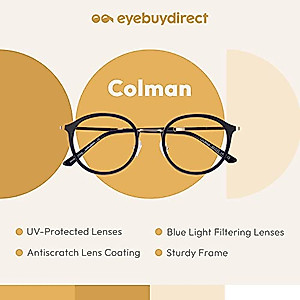 EYEBUYDIRECT Round Blue Light Filtering Glasses for Women and Men, Computer Glasses for Eyestrain Protection, Colman, Large