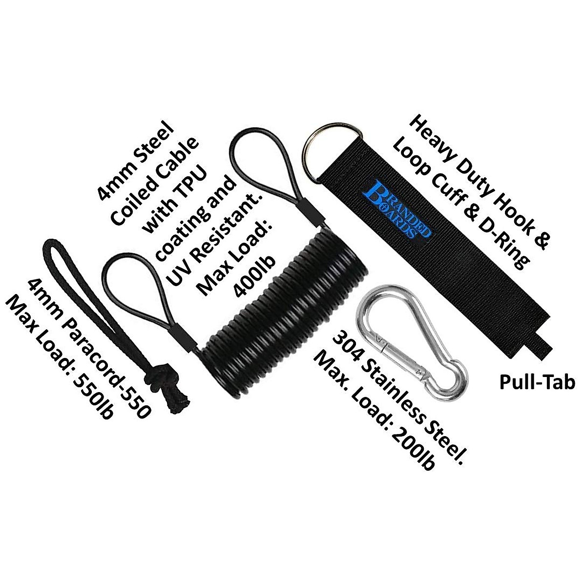 Branded Boards-Railz Steel Coiled Safety Leash, Heavy Duty Wrist Cuff, Carabiner & Paracord Loop. Boogie Board, Snowboard, Surf Board, SUP, Scooter, Snowskate, Sled, Dog Pet Lanyard (Ultimate 1-Pack)