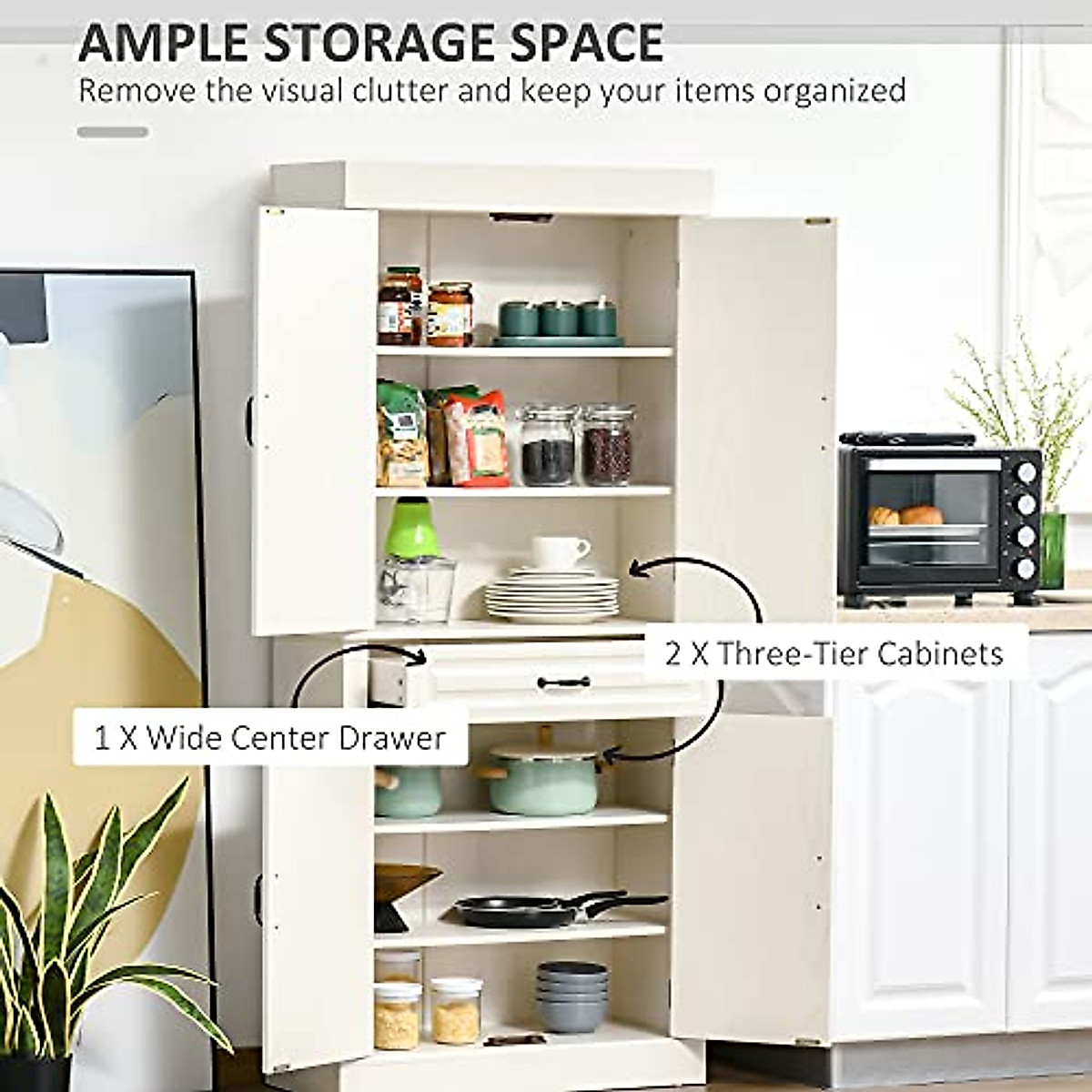 HOMCOM 71" Freestanding Kitchen Pantry with 4 Doors, and 2 Large Cabinets, Tall Storage Cabinet with Wide Drawer for Kitchen Dining Room, White