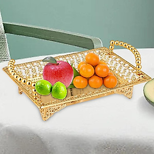 Luxury Serving Tray Golden Rectangle with Handle Srage Container Display Tray Serving Platter Table Organizer Food Tray for Restaurant, Large