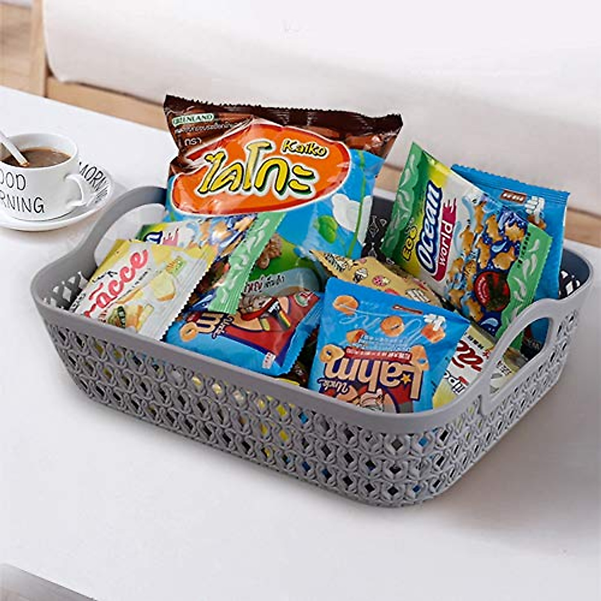 Kekow Small Plastic Storage Basket Tray with Handle, 6-Pack, Gray