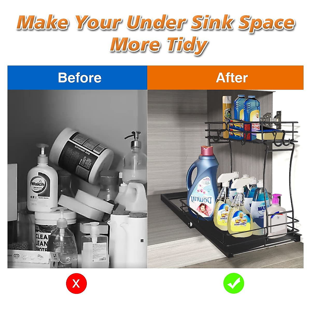 JIKEXINGMENG 2-Tier Under Sink Organizer with Slide-Out Shelves - Easy-to-Install Metal Storage Basket Drawer - Ideal for Kitchen, Bathroom, and Pantry Cabinets - Fits 11-Inch Cabinet Opening