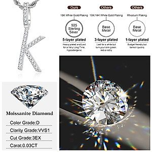 Big Bling Moissanite Initial Necklace for Women Lab Created Diamond Custom Letter Pendant Iced Out Hip Hop Jewelry Personalized Name Necklace 18K White Gold Plated Sterling Silver,Tennis Chain/ Rope Chain/ Cuban Link,16 inch to 24 inch Length Silver W