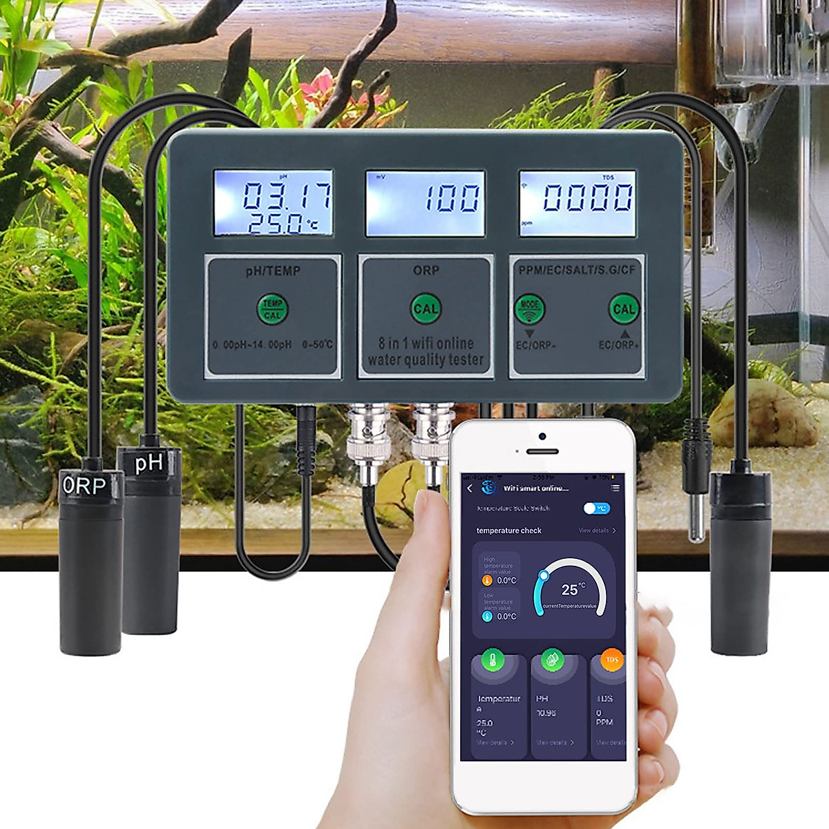Water Quality Monitor, Wireless Remote Monitoring Multiparameter Water Quality Tester Auto Compensation S.G PH EC Salt ORP TDS CF Temp (US 110V)