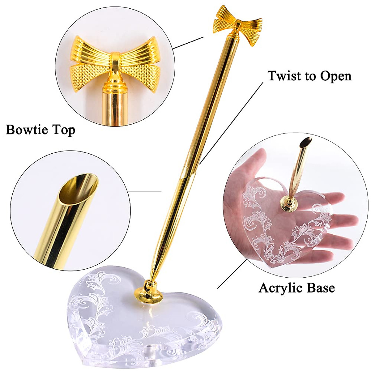 HingoFuni Gold Bow Signing Pen and Acrylic Heart Holder for Wedding Bridal Guest Sign in Anniversary Engagement Ceremony Birthday Party Graduation Office Guest Book Ballpoint Pen Reception