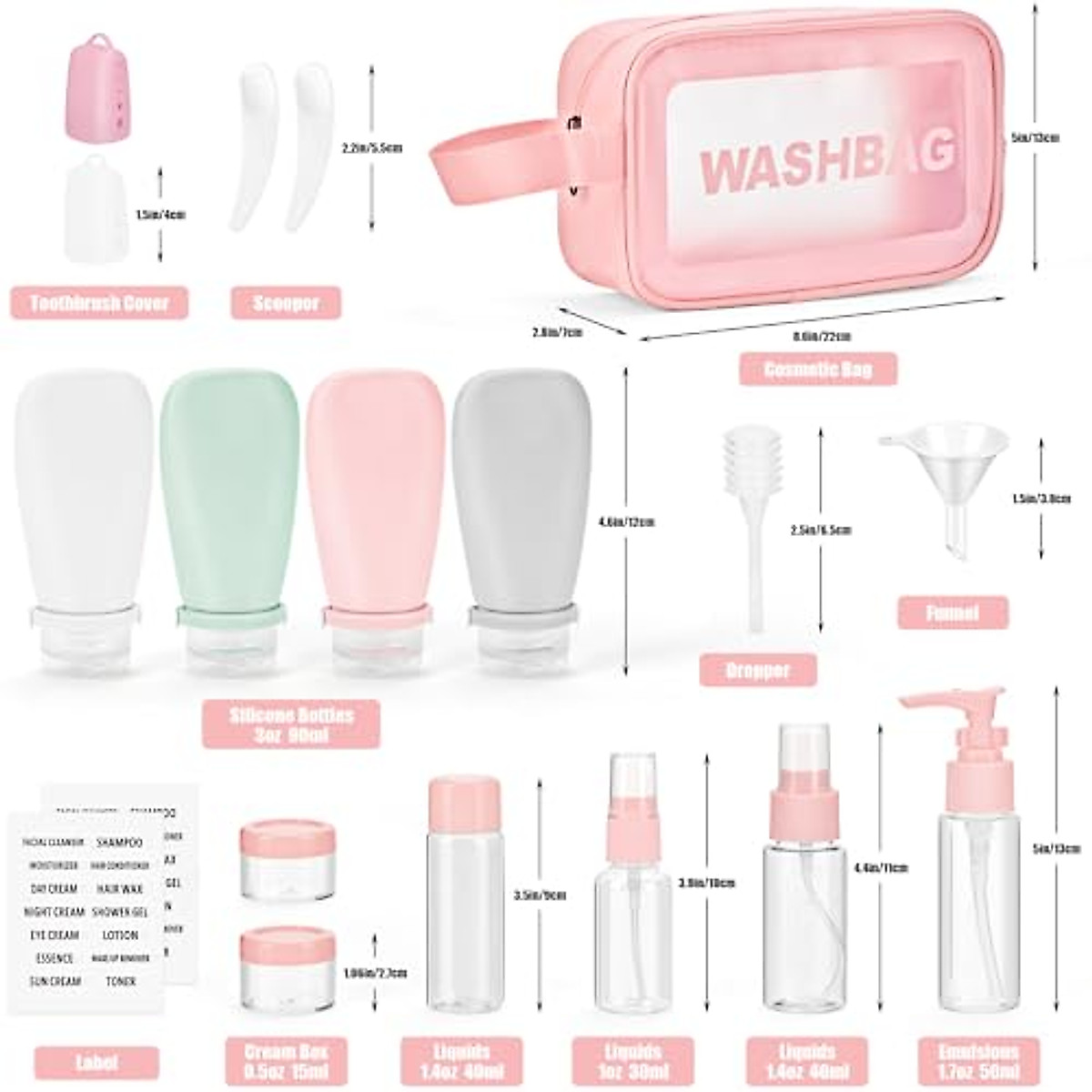 Noideeer 18 Pcs Travel Bottles for Toiletries Gym TSA Approved, Leak Proof with Bandage Silicone Squeezable 3oz for Toner Shampoo Conditioner Lotion Body Wash with Toothbrush Cover Tag and Wash Bag