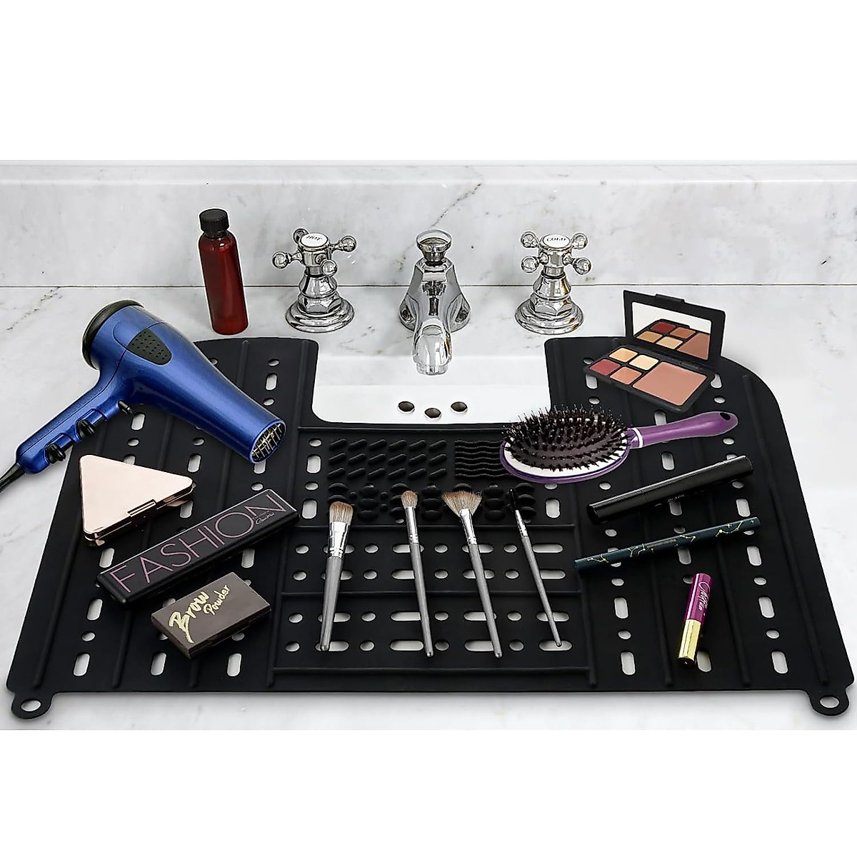 MONVIE Bathroom Sink Cover for Counter Space, Heat-Resistant Silicone Makeup Brush Cleaner Mat, Foldable Sink Covers with Hanging Loop, Space Saver Sink Organizer Mat for Bathroom-Black