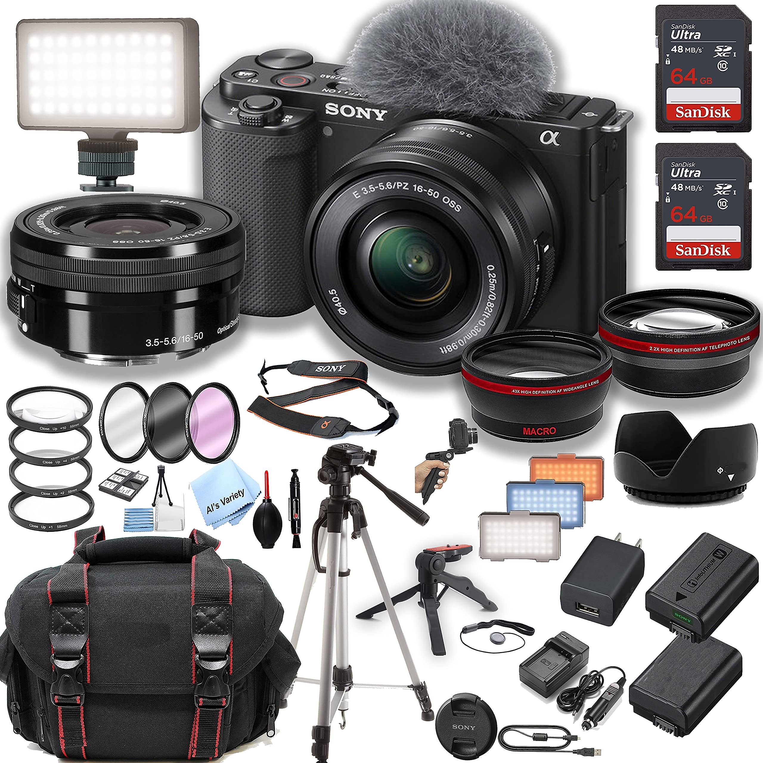 Sony ZV-E10 Mirrorless Camera with 16-50mm Lens + 2pcs 64GB Memory + LED Video Light + Case+ Tripod + Steady Grip Pod + Filters + Macro + 2X Lens + 2X Batteries + More (40pc Bundle) (Renewed)