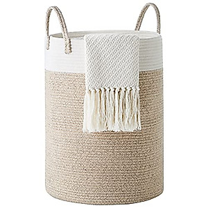 Cotton Rope Laundry Hamper by YOUDENOVA, 58L - Woven Collapsible Clothes Storage Basket for Blankets, Laundry Room Organizing, Bedroom, Brown & White