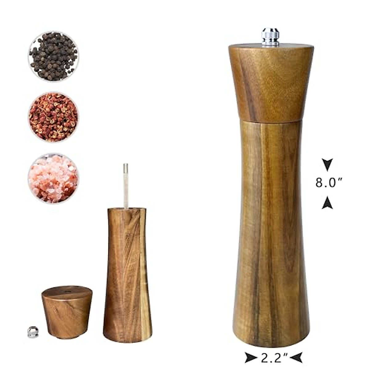 Artmujohn 8" Acacia wooden pepper Grinder,Wood Handicrafts Mills Shakers,Adjustable Ceramic Rotor Pepper Grinder,Refillable spice grinders,Minimalist style salt and pepper Grinder