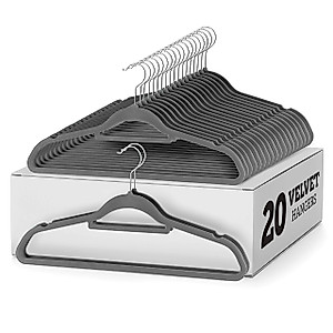 Zober Velvet Hangers 20 Pack - Clothes Hanger W/Tie Bar - Non-Slip, Swivel Hook, Slim Felt Hangers - Suits, Clothes, Pants, Coat Hanger - Gray