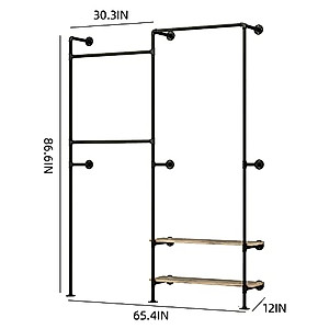 Industrial Pipe Clothing Rack Wall Mounted, Double Hanging Rods Clothes Rack with Shelves, Clothes Rack for Wardrobe, Bedroom and as walk-in Closet System, Heavy Duty Hanging Clothes Rack(Black)