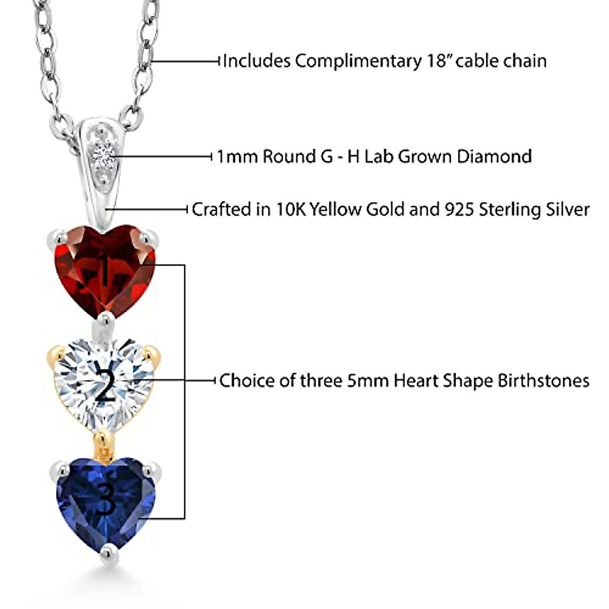 Gem Stone King 925 Sterling Silver and 10K Yellow Gold 2 Tone Personalized Keren Hanan 3-Stone Heart Shape Birthstones and Lab Diamond Pendant Necklace For Women with 18 Inch Chain