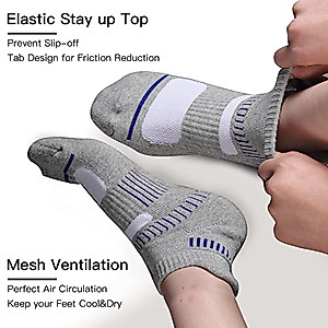 COOPLUS Mens Cotton Athletic Ankle Socks Performance Cushioned Breathable Low Cut Tab Sock with Arch Support (6 Pairs) (Grey-Blue-6pairs)