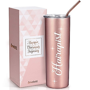 Onebttl Hair Stylist Gifts For Women, Female, Her - Hairapist Love is in the Hair - 20oz/590ml Stainless Steel Insulated Tumbler with Straw, Lid, Message Card-(Rose gold)