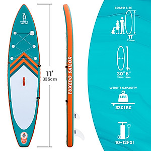 Tuxedo Sailor Inflatable 11'×30"×6" Ultra-Light SUP for All Skill Levels Everything Included with Stand Up Paddle Board, Adj Paddle, Pump, ISUP Travel Backpack, Leash 10L Waterproof Bag