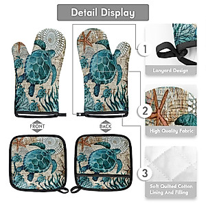 Sea Turtle Oven Mitts and Pot Holders 2pcs, Ocean Animal Hot Pads Kitchen Heat Resistant Non-Slip Textured Potholders Set for Cooking Oven Gloves Baking BBQ