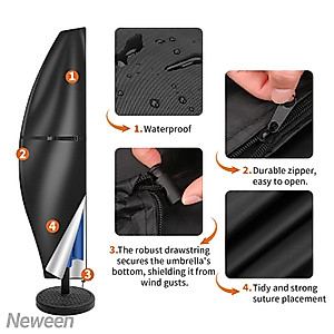 Neween Patio Umbrella Cover Waterproof Outdoor Anti-UV Cantilever Offset Umbrella Cover fit for 9ft to 13ft Parasol, Banana Umbrella Cover with Zipper and Rod, Black, for 9'-13' Offset Umbrella