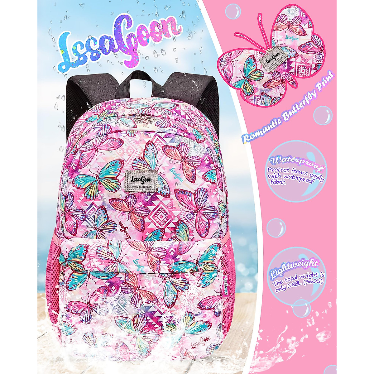 LSSAGOON Butterfly Print Backpack for Girls Teens Women.16in Bookbag W/Stationery Bag.Casual Baypack for Travel School Gift.